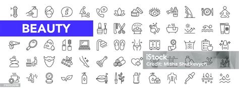 편집 가능한 획으로 설정된 뷰티 및 스파 아이콘입니다 화장품 서비스 스파 씬 라인 아이콘 컬렉션 벡터 일러스트 레이 션 거울에