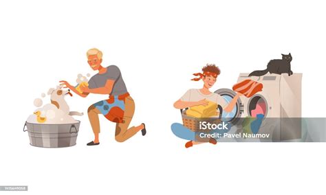 일상 생활에서 주부 세면대에서 개를 씻고 세탁기에 세탁물을 넣는 남자 벡터 일러스트 레이 션 가사 집안일에 대한 스톡 벡터 아트 및 기타 이미지 Istock