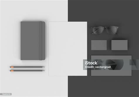 그래픽 디자이너 프리젠 테이션 및 포트폴리오에 대한 흑백 배경에 Id를 브랜딩하기위한 기본 회색 문구 모형 템플릿 3d 렌더링 3차원 형태에 대한 스톡 사진 및 기타 이미지