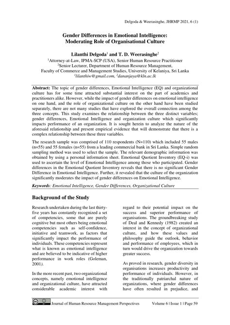 Pdf Gender Differences In Emotional Intelligence Moderating Role Of Organisational Culture