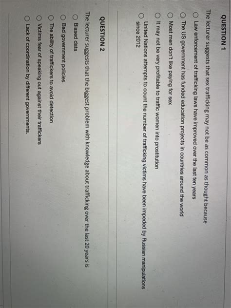 Solved QUESTION 1 The Lecturer Suggests That Sex Trafficking Chegg Com