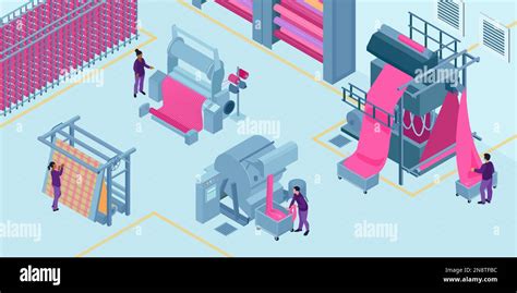 Isometric Textile Industry Composition With Indoor View Of Fabric