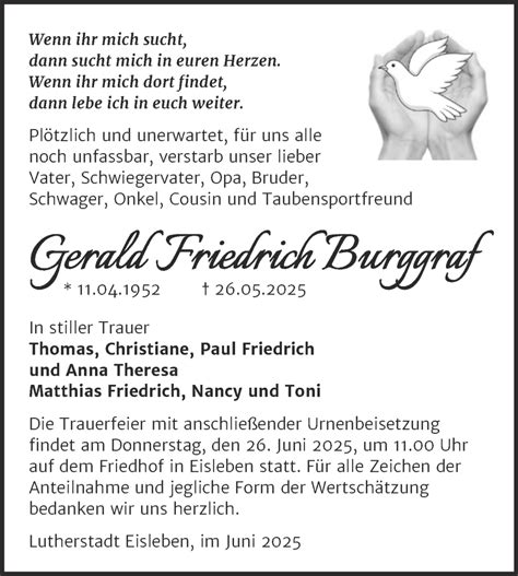 Traueranzeigen Von Gerald Friedrich Burggraf Abschied Nehmende