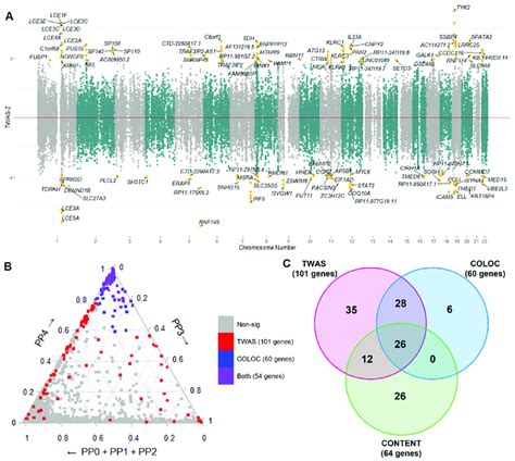 results of the twas and coloc analyses a a manhattan plot showing