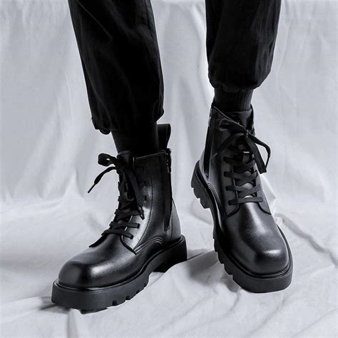Korean Platform Black Leather Ankle Boots With Zipper Shop