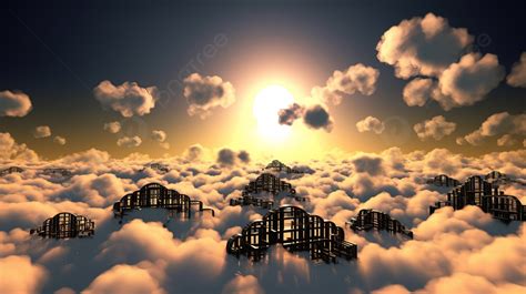 일부 건물은 태양 위의 구름 근처에 있습니다 3d 구름 컴퓨팅 개념 고화질 사진 사진 배경 일러스트 및 사진 무료 다운로드 Pngtree