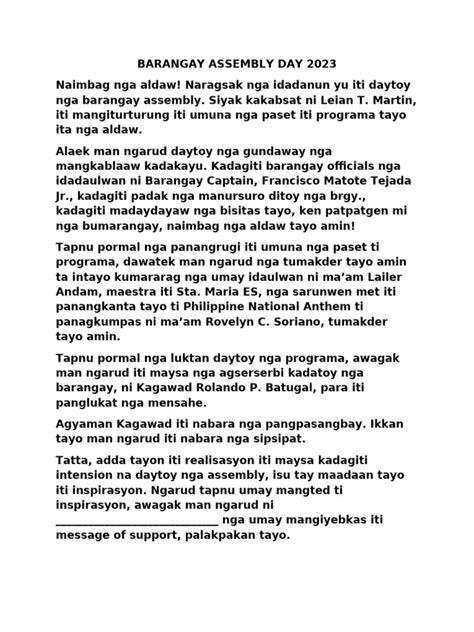 Barangay Assembly Day 2023 Script Pdf Barangay Assembly Day 2023 Script Pdf