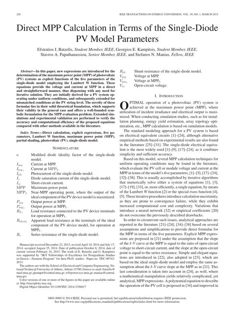 Pdf Direct Mpp Calculation In Terms Of The Single Diode Pv Model