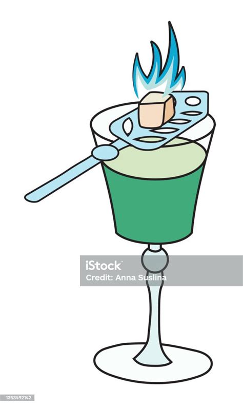 특별한 숟가락에 불타는 설탕 큐브와 자갈 유리에 녹색 압생트 스타일리시한 손으로 그린 낙서 만화 힙스터 스타일 벡터 일러스트레이션 파티 카드 바 메뉴 요리 책 레시피에 적합