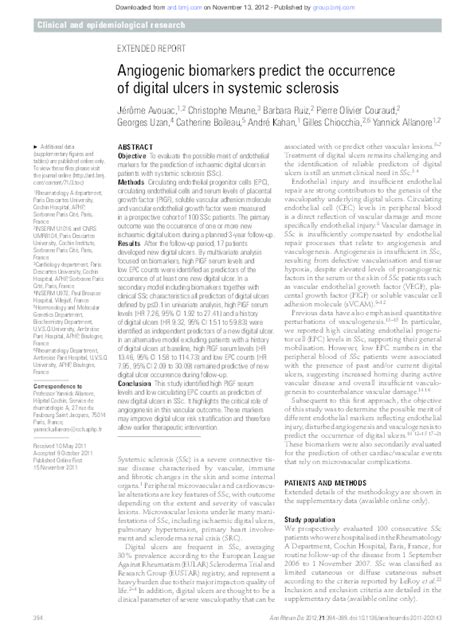 Pdf Angiogenic Biomarkers Predict The Occurrence Of Digital Ulcers In Systemic Sclerosis