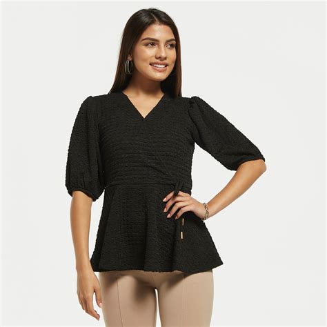 Shop Textured Peplum Top With Puff Sleeves And Tie Ups Online Splash Uae