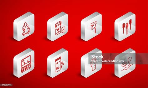 세트 라인 먼지 우유 용기 꽃가루 생산 꽃가루 밀 건선 습진이 있는 손 콧물 약병 알약 및 모니터 심전도 아이콘 벡터 3차원 형태에 대한 스톡 벡터 아트 및 기타 이미지