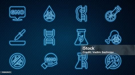 박테리아 Gmo 연구 닭고기 유전자 변형 고기 Dna 기호 피펫 Gmo 시험관 및 플라스크 및 아이콘이 있는 세트 라인 페트리