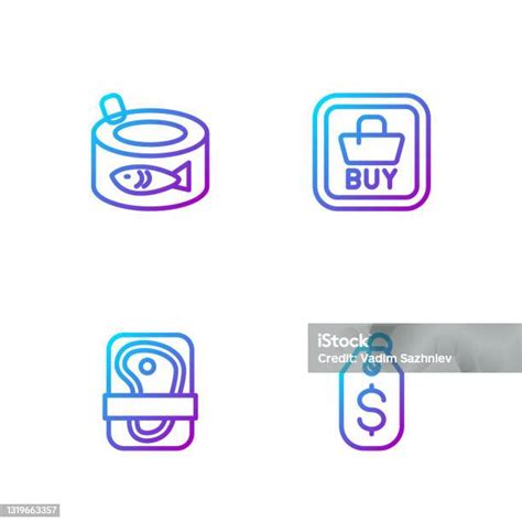 달러 고기 포장 스테이크 통조림 생선 및 구매 버튼으로 라인 가격 태그를 설정합니다 그라데이션 색상 아이콘입니다 벡터 0명에 대한 스톡 벡터 아트 및 기타 이미지 Istock