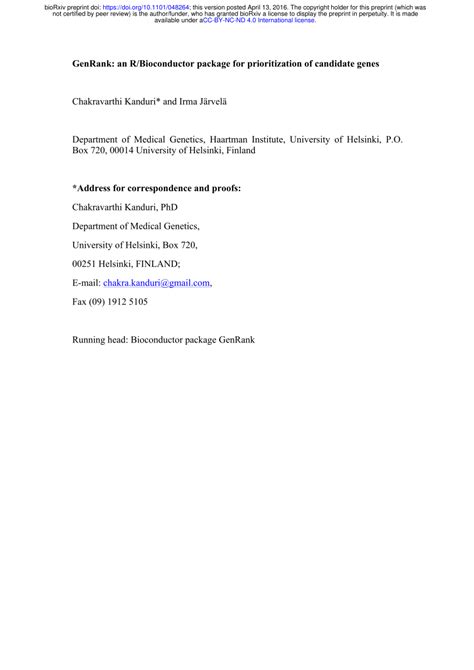Pdf Genrank An R Bioconductor Package For Prioritization Of Candidate Genes