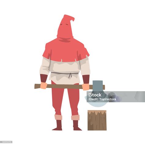중세 집행자 또는 헤드맨이 빨간 모자를 쓰고 날카로운 도끼 벡터 일러스트레이션을 들고 있다 가공의 인물에 대한 스톡 벡터 아트 및 기타 이미지 Istock