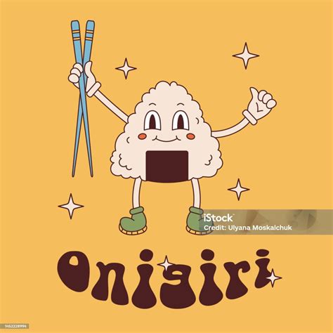 복고풍 스타일의 오니기리 마스코트가 있는 벡터 그루비 엽서 젓가락을 들고 있는 오니기리 캐릭터 70대 그루비 일본 음식 오니기리 텍스트 0명에 대한 스톡 벡터 아트 및 기타