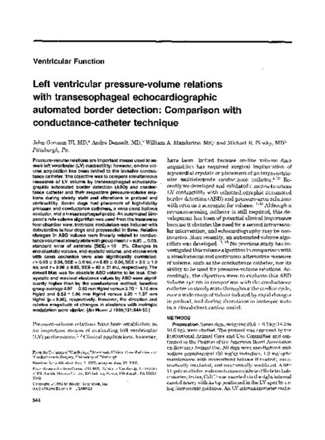 Pdf Left Ventricular Pressure Volume Relations With Transesophageal Echocardiographic