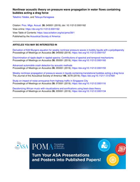 Pdf Nonlinear Acoustic Theory On Pressure Wave Propagation In Water Flows Containing Bubbles