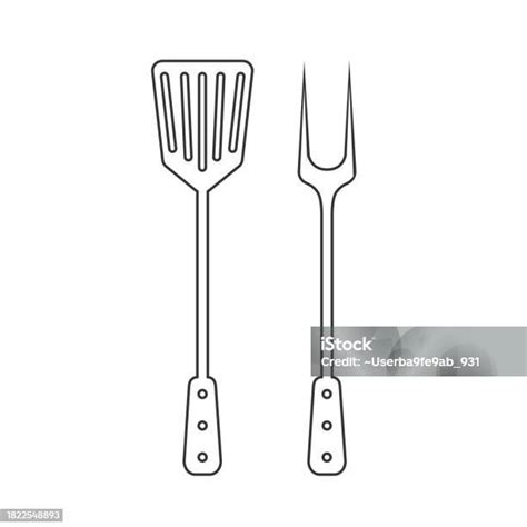 그릴 도구 선 아이콘입니다 주걱을 곁들인 바베큐 포크 고립된 플랫 사인 고기에 대한 스톡 벡터 아트 및 기타 이미지 고기