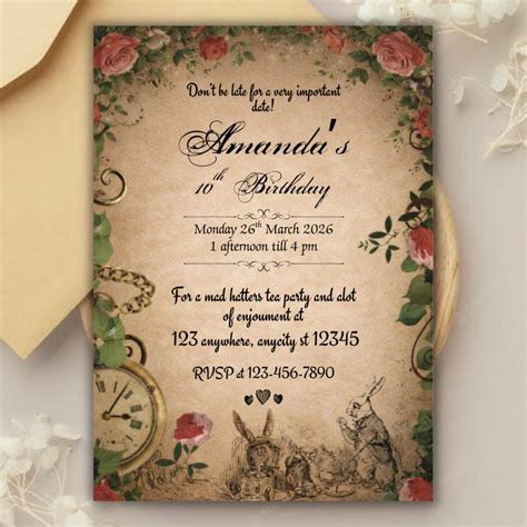 Alice In Wonderland Invitation Birthday Invite Birthday Invitation