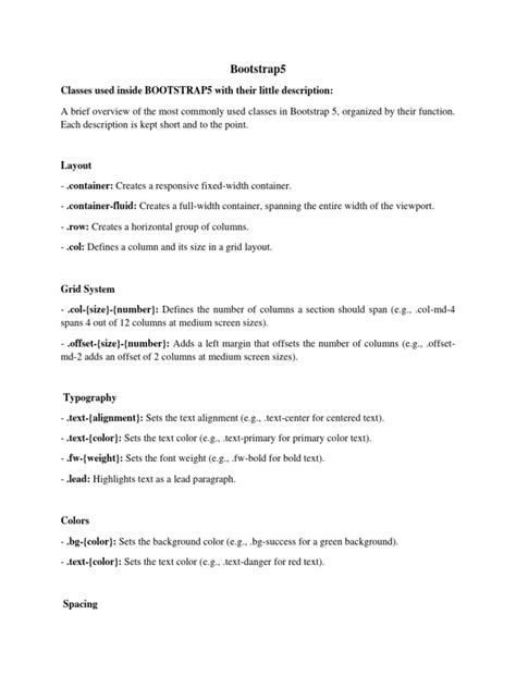 Bootstrap5 Basic Classes Desciption Pdf Bootstrap Front End