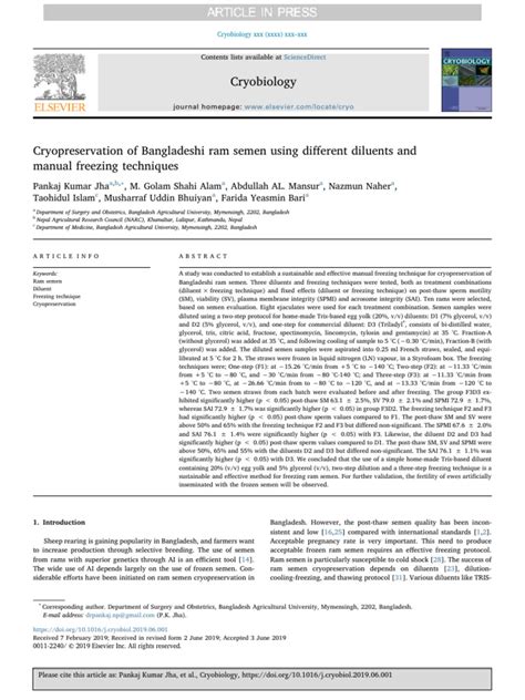 Cryopreservation Of Bangladeshi Ram Semen Using Different Diluents And