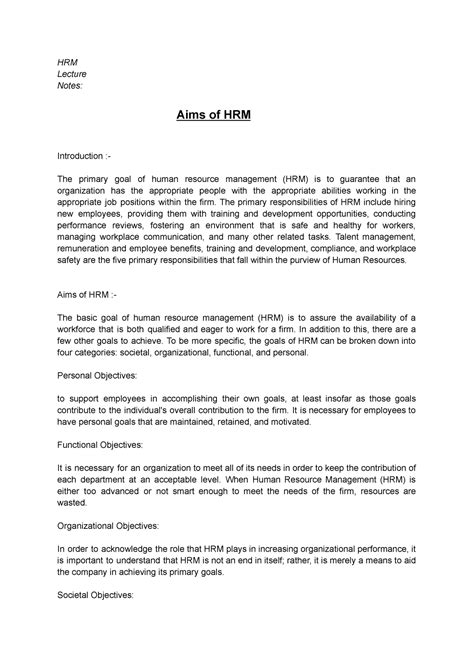 hrm aims of hrm organisational behavior best class lecture notes