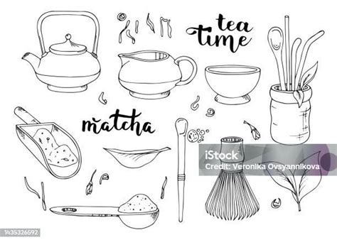 말차 차 유기농 차 말차 분말 찻잎 주전자 마카롱 숟가락 전통 컵 털 일본 의식을위한 도구의 벡터 세트 낙서 스타일