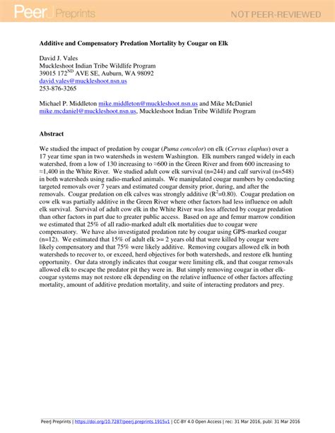 Pdf Additive And Compensatory Predation Mortality By Cougar On Elk