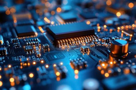 A Close Up View Of A Circuit Board With Glowing Components And Intricate Pathways At Night Stock