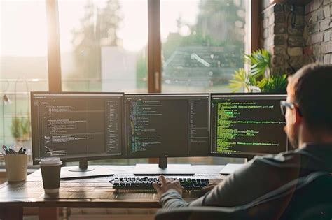 Programmer Working On Multiple Screens At Home Premium Ai Generated Image