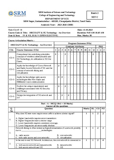 Ct2 Qp Set C Previous Year Papers Srm Institute Of Science And Technology College Of