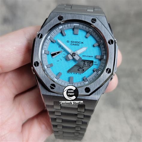 Casioak Mod Watch Offshore Superior Gray Case Metal Strap Gray Time Mark Tiff Blue Dials 44mm