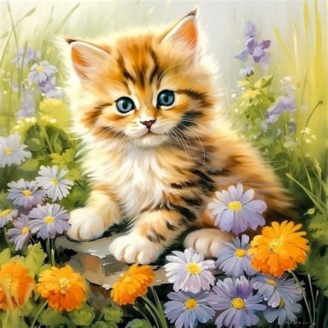 Premium Ai Image Oil Painting Beautiful Kitten In A Garden