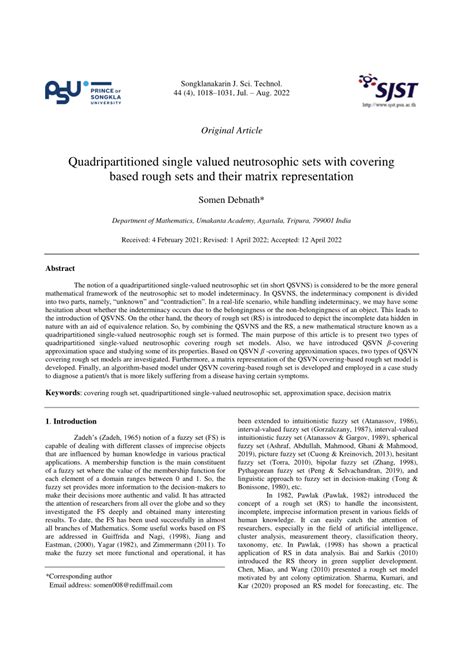 Pdf Quadripartitioned Single Valued Neutrosophic Sets With Covering Based Rough Sets And Their