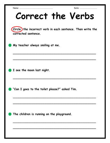 Verbs Worksheets Correct The Verbs And Missing Verbs Teaching Resources