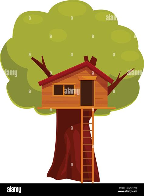 Cartoon Treehouse With Red Roof Two Windows And A Door Standing On A Big Green Tree Stock