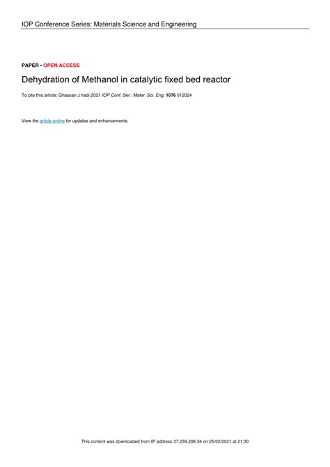 Pdf Dehydration Of Methanol In Catalytic Fixed Bed Reactor