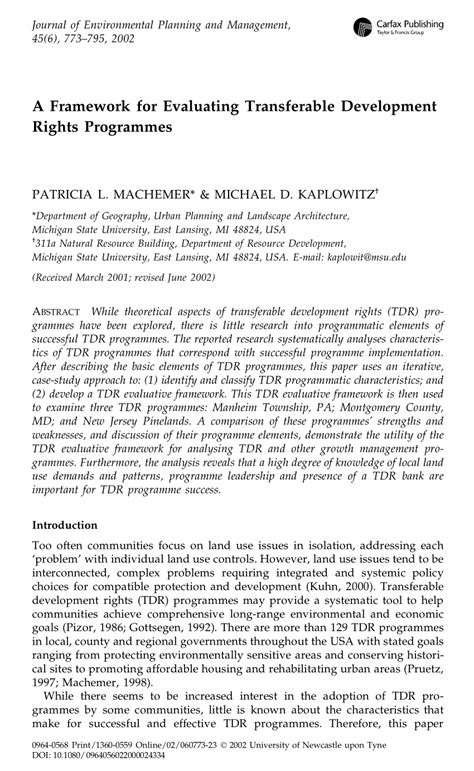 Pdf A Framework For Evaluating Transferable Development Rights Programmes