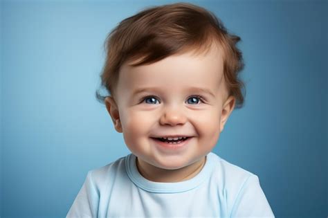 Premium Photo Portrait Of A Small Smiling Boy On A Blue Background