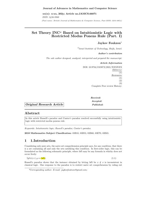 Pdf Set Theory Inc Based On Intuitionistic Logic With Restricted
