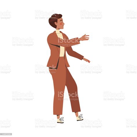 갈색 정장을 입은 남자 사무실 직원이 뻗은 손으로 걷고 있다 벡터 일러스트레이션 경영자에 대한 스톡 벡터 아트 및 기타 이미지 경영자 군사적 침략 긍정적인 감정 표현