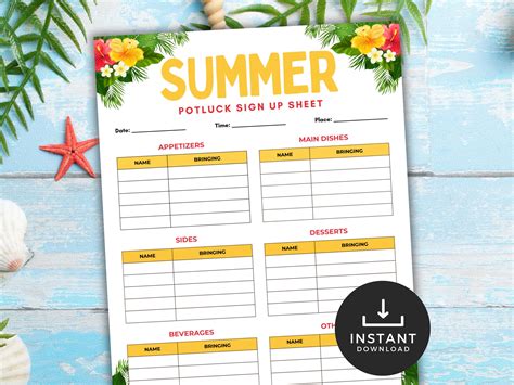 Summer Potluck Sign Up Sheet Tropical Party Food Sign Up Sheet Pool