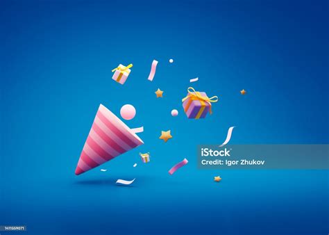 별 선물 금풍선 및 색종이가있는 축제 크래커 인사말 카드 초대장 또는 포스터를위한 홀리데이 페스티벌 디자인 3d 렌더링 그림 3