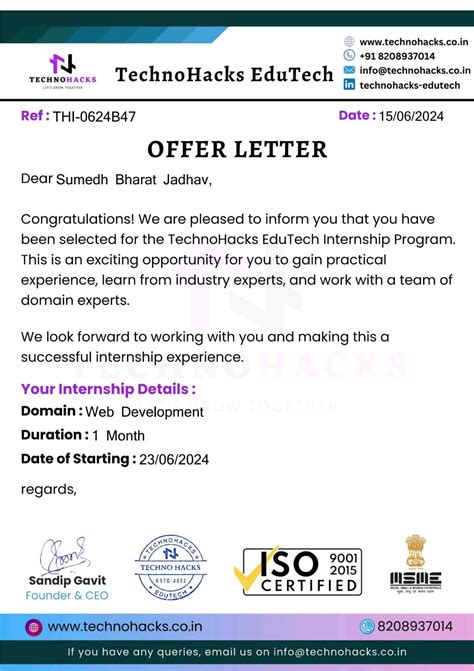 Sumedh Jadhav On Linkedin Internship Offerletter Webdevelopment