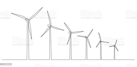 하나의 연속 라인 도면에 풍력 터빈과 풍차 간단한 선형 스타일로 녹색 에너지와 재생 가능한 전력 개념의 원천 편집 가능한 스트로크 낙서 벡터 일러스트레이션 0명에 대한 스톡