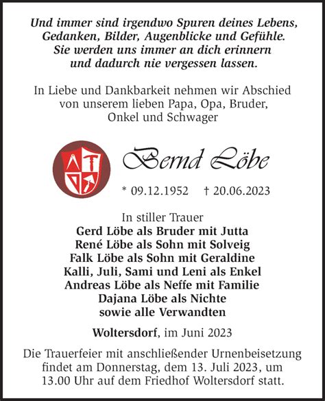 Traueranzeigen Von Bernd Löbe Märkische Onlinezeitung Trauerportal
