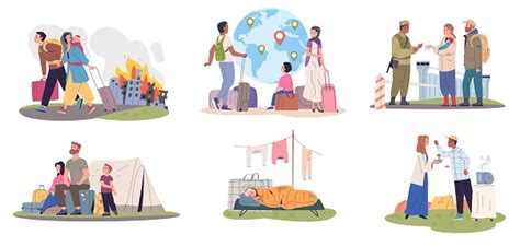 난민 개념 사람들 이민 글로벌 세계 이주 여행 이민자 캠프 해외 통제 정치적 망명 신청자 노숙자 이민자 생활 난민 고급 벡터 일러스트 레이 션 가출자에 대한 스톡 벡터 아트