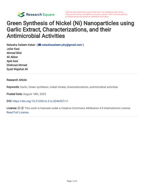 Pdf Green Synthesis Of Nickel Ni Nanoparticles Using Garlic Extract Characterizations And